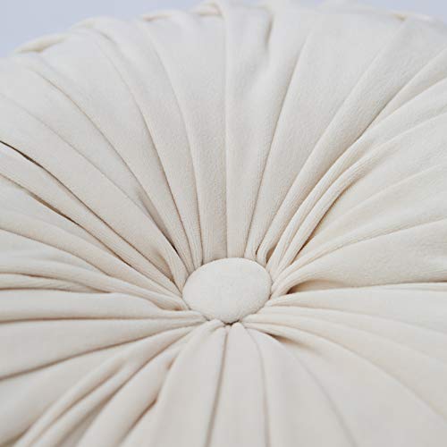 Cassiel Home Velvet Pintuck Round Pillow Cream Plush Pleated Throw Pillow Ivory for Living Room Bedroom Dining Room Floor Cushion Pillow 14.5 inches