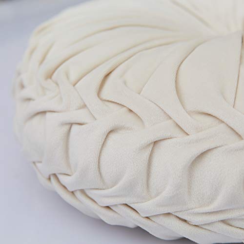 Cassiel Home Velvet Pintuck Round Pillow Cream Plush Pleated Throw Pillow Ivory for Living Room Bedroom Dining Room Floor Cushion Pillow 14.5 inches