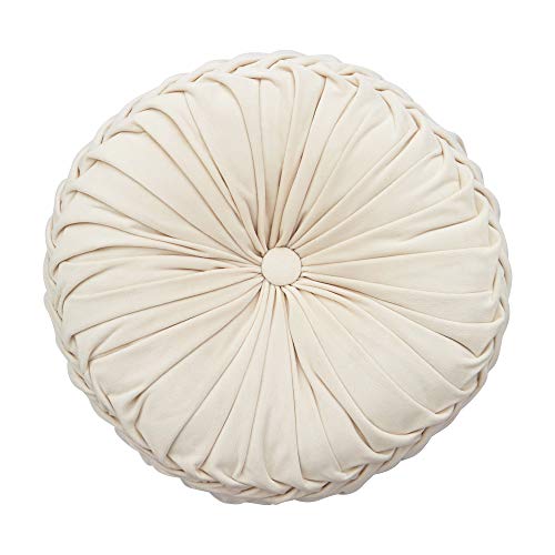 Cassiel Home Velvet Pintuck Round Pillow Cream Plush Pleated Throw Pillow Ivory for Living Room Bedroom Dining Room Floor Cushion Pillow 14.5 inches