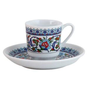 amazing turkish arabic coffee espresso cups 5 pcs fancy set famous turkish porcelain cups with saucers, pot,blue velvet authentic box (turkish coffee cup and saucer (2 sets) 4 pieces)