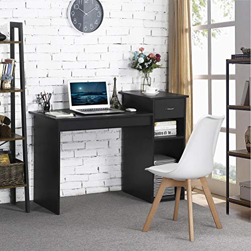 Yaheetech Home Office Computer Desk with Storage Drawer and Monitor Stand, Wooden PC Laptop Desk, Modern Simple Style Computer Workstation Study Writing Desk, Black