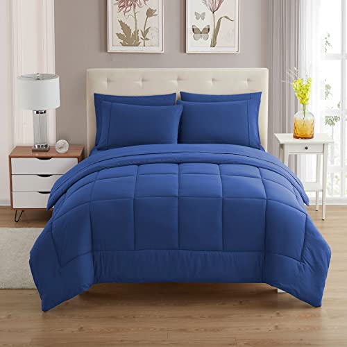 Sweet Home Collection 7 Piece Comforter Set Bag Solid Color All Season Soft Down Alternative Blanket & Luxurious Microfiber Bed Sheets, Royal Blue, Twin XL