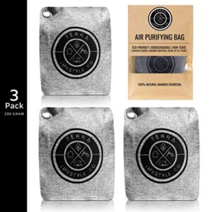 terra lifestyle co - 3 pack 200g air freshener bamboo charcoal air purifying bag | charcoal bags odor absorber | bamboo charcoal bags | moisture absorber | odor eliminator for house | bathroom room car air freshener deodorizer