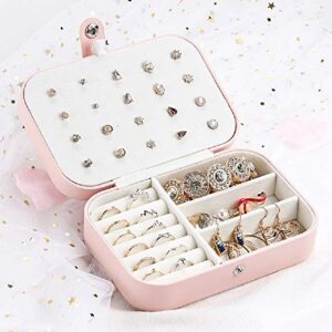 Yonzone Small Jewelry Box Travel Jewelry Organizer Mini Jewelry Storage Case for Women Girls Gift, Faux Leather Double Layer Portable Jewelry Boxes for Necklace Earring Ring, Pink