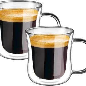 ecooe Espresso Cups 4 Oz Double Walled Glasses Coffee Mugs Set of 2, Clear Glass Coffee Cups with Handle, Insulated Coffee Mug Borosilicate Heat Resistant Double Wall Glass Espresso Coffee Cups