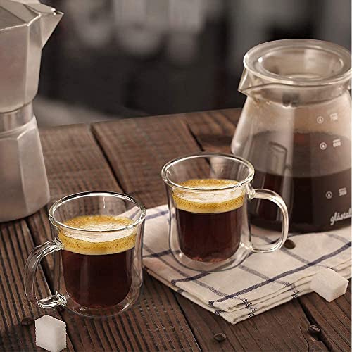 ecooe Espresso Cups 4 Oz Double Walled Glasses Coffee Mugs Set of 2, Clear Glass Coffee Cups with Handle, Insulated Coffee Mug Borosilicate Heat Resistant Double Wall Glass Espresso Coffee Cups