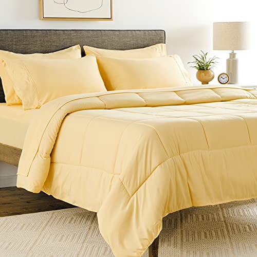 Sweet Home Collection 7 Piece Comforter Set Bag Solid Color All Season Soft Down Alternative Blanket & Luxurious Microfiber Bed Sheets, Yellow, Full