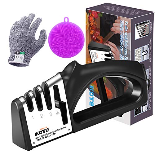 IKOTE Kitchen Knife Sharpener, 4-in-1 Knife and Scissors Sharpener with Diamond, Ceramic, Tungsten, Kitchen Tools for Kinds of Knives- Cut-Resistant Glove and Silicone Scrubber Included