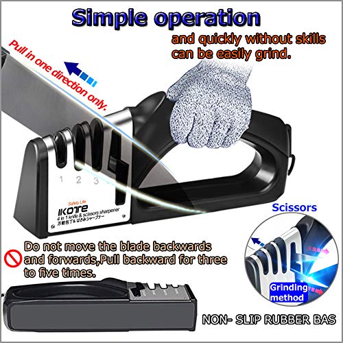 IKOTE Kitchen Knife Sharpener, 4-in-1 Knife and Scissors Sharpener with Diamond, Ceramic, Tungsten, Kitchen Tools for Kinds of Knives- Cut-Resistant Glove and Silicone Scrubber Included