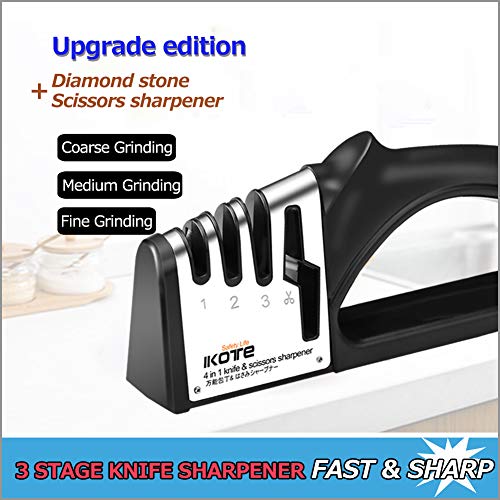 IKOTE Kitchen Knife Sharpener, 4-in-1 Knife and Scissors Sharpener with Diamond, Ceramic, Tungsten, Kitchen Tools for Kinds of Knives- Cut-Resistant Glove and Silicone Scrubber Included