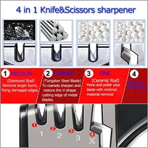 IKOTE Kitchen Knife Sharpener, 4-in-1 Knife and Scissors Sharpener with Diamond, Ceramic, Tungsten, Kitchen Tools for Kinds of Knives- Cut-Resistant Glove and Silicone Scrubber Included