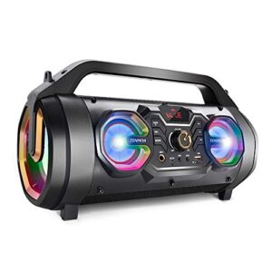 bluetooth speakers, 30w portable bluetooth boombox with subwoofer, fm radio, rgb colorful lights, eq, stereo sound, booming bass, 10h playtime wireless outdoor speaker for home, party, camping, travel