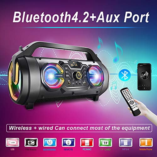 Bluetooth Speakers, 30W Portable Bluetooth Boombox with Subwoofer, FM Radio, RGB Colorful Lights, EQ, Stereo Sound, Booming Bass, 10H Playtime Wireless Outdoor Speaker for Home, Party, Camping, Travel