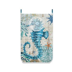 seahorse nautical coastal shell hanging laundry hamper bag 1 pack retro sea animal starfish dirty clothes storage bin washing baskets toy book clothing holder for door wall home bathroom bedroom