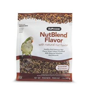 zupreem nutblend smart pellets bird food for medium birds, 2 pound bag - made in usa, daily nutrition, essential vitamins, minerals for cockatiels, quakers, lovebirds, small conures