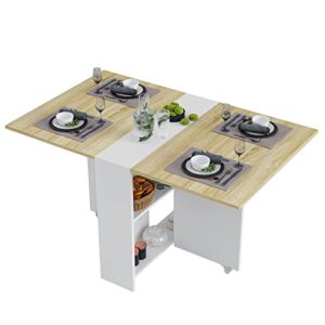 tiptiper folding dining, versatile dinner table with 6 wheels and 2 storage racks, space saving kitchen, dining room table, 31.5 in x 51.2 in x 28.4 in, pear wood color and white