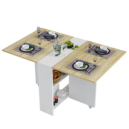 Tiptiper Folding Dining, Versatile Dinner Table with 6 Wheels and 2 Storage Racks, Space Saving Kitchen, Dining Room Table, 31.5 in x 51.2 in x 28.4 in, Pear Wood Color and White