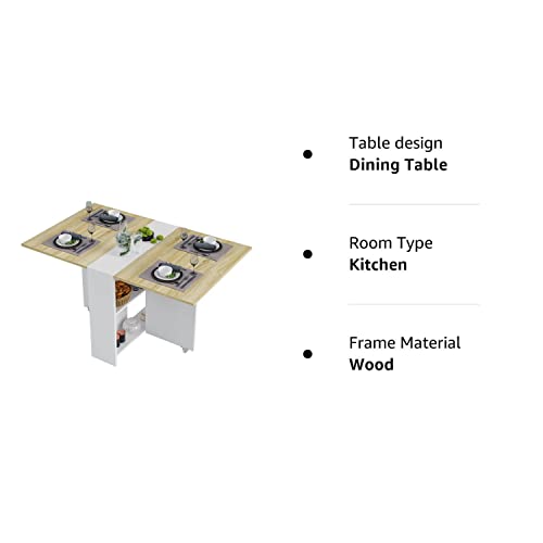 Tiptiper Folding Dining, Versatile Dinner Table with 6 Wheels and 2 Storage Racks, Space Saving Kitchen, Dining Room Table, 31.5 in x 51.2 in x 28.4 in, Pear Wood Color and White