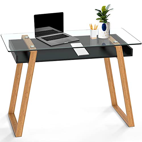 bonVIVO Massimo Small Desk - 43 Inch, Modern Computer Desk for Small Spaces, Living Room, Office and Bedroom - Study Table w/Glass Top and Shelf Space - Black