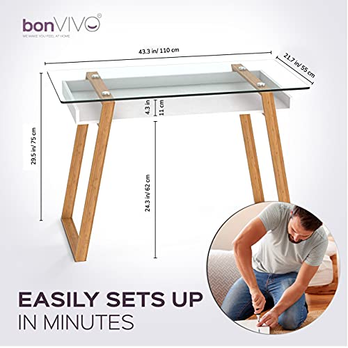 bonVIVO Massimo Small Desk - 43 Inch, Modern Computer Desk for Small Spaces, Living Room, Office and Bedroom - Study Table w/Glass Top and Shelf Space - Black