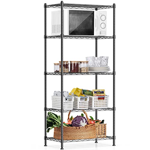 ALVOROG 5-Shelf Shelving Storage Unit Heavy Duty Metal Organizer Wire Rack with Leveling Feet and Hooks Adjustable Shelves for Bathroom Kitchen Garage (23.2Lx13.4Wx59.1H)