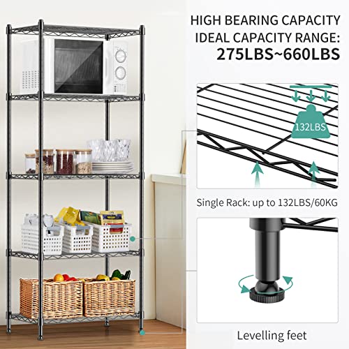 ALVOROG 5-Shelf Shelving Storage Unit Heavy Duty Metal Organizer Wire Rack with Leveling Feet and Hooks Adjustable Shelves for Bathroom Kitchen Garage (23.2Lx13.4Wx59.1H)