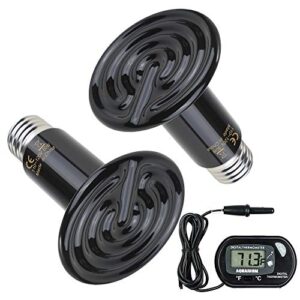 zacro 2-pack reptile heat lamp 100w with one digital thermometer, efficient infrared ceramic bulb for reptiles no-light lamp heat source brooder coop heater 110v (black)