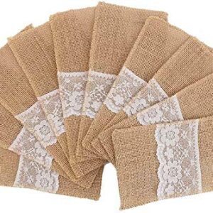 Lucky Monet 50PCS 4 x 8Inch Natural Burlap Lace Silverware Bag Utensil Holder Cutlery Pouch Hessian Knife Fork Tableware Bags for Wedding Party Restaurant Decoration (50PCS)