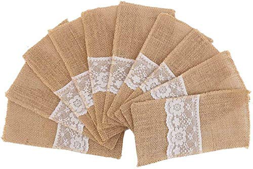 Lucky Monet 50PCS 4 x 8Inch Natural Burlap Lace Silverware Bag Utensil Holder Cutlery Pouch Hessian Knife Fork Tableware Bags for Wedding Party Restaurant Decoration (50PCS)