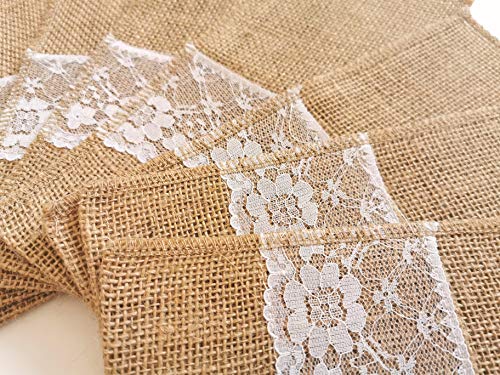 Lucky Monet 50PCS 4 x 8Inch Natural Burlap Lace Silverware Bag Utensil Holder Cutlery Pouch Hessian Knife Fork Tableware Bags for Wedding Party Restaurant Decoration (50PCS)