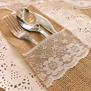 Lucky Monet 50PCS 4 x 8Inch Natural Burlap Lace Silverware Bag Utensil Holder Cutlery Pouch Hessian Knife Fork Tableware Bags for Wedding Party Restaurant Decoration (50PCS)