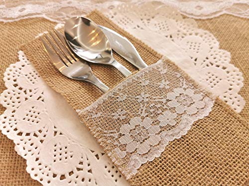 Lucky Monet 50PCS 4 x 8Inch Natural Burlap Lace Silverware Bag Utensil Holder Cutlery Pouch Hessian Knife Fork Tableware Bags for Wedding Party Restaurant Decoration (50PCS)