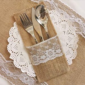 Lucky Monet 50PCS 4 x 8Inch Natural Burlap Lace Silverware Bag Utensil Holder Cutlery Pouch Hessian Knife Fork Tableware Bags for Wedding Party Restaurant Decoration (50PCS)