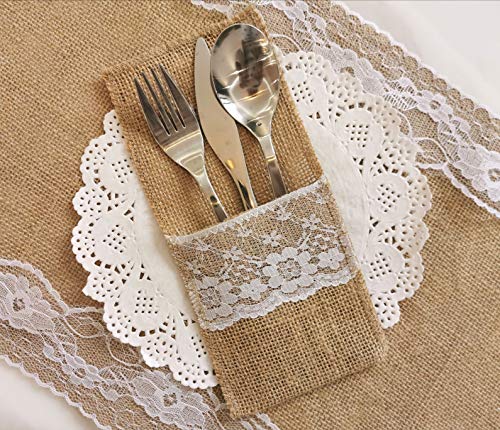 Lucky Monet 50PCS 4 x 8Inch Natural Burlap Lace Silverware Bag Utensil Holder Cutlery Pouch Hessian Knife Fork Tableware Bags for Wedding Party Restaurant Decoration (50PCS)