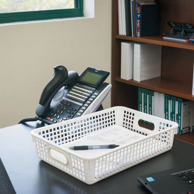 Really Good Stuff 6PK Plastic Desktop Paper Storage Basket for Classroom or Home–14”x10” Plastic Mesh Basket-Secure Papers Crease-Free–White