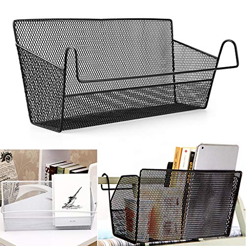 BTSKY Bedside Storage Basket, Dorm Room Bed Storage Basket Metal Mesh Desktop Corner Shelves Hanging Organizer Rack Shelf Bedside for Book Phones Drinks Tissues Office Home with Hook Black