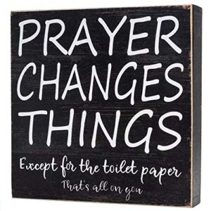 yankario farmhouse bathroom decor for home, rustic bathroom wall decor box signs about 8" square, prayer changes things