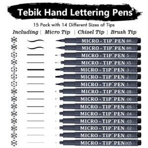 Tebik Hand Lettering Pens, 15 Pack Calligraphy Brush Pen Markers Black Ink for Beginners Writing, Lettering, Journaling, Art Drawing, Signature, Illustrations and Office School Supplies