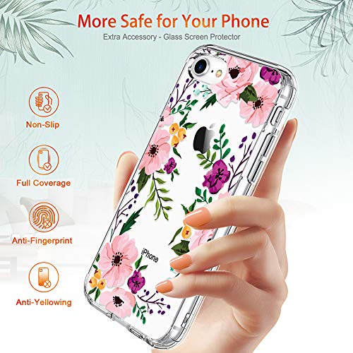 GiiKa iPhone SE 2020 Case, iPhone 8 Case, iPhone 7 Case with Screen Protector, Clear Protective Case Floral Girls Women Hard PC Case with TPU Bumper Cover Phone Case for iPhone 8, Small Flowers