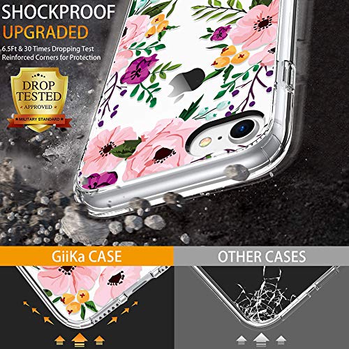 GiiKa iPhone SE 2020 Case, iPhone 8 Case, iPhone 7 Case with Screen Protector, Clear Protective Case Floral Girls Women Hard PC Case with TPU Bumper Cover Phone Case for iPhone 8, Small Flowers