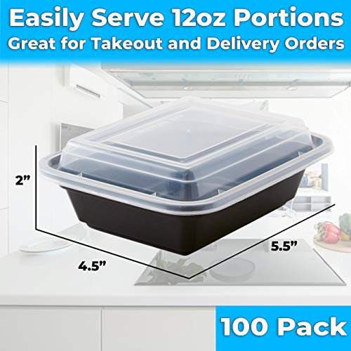 Pro Grade, BPA Free Plastic Containers with Lids, 100ct. 12oz, Leakproof, Microwavable Portion Container for To-Go Orders, Food Prep and Storage. Reusable Bento Boxes for Restaurant, Cafe and Catering