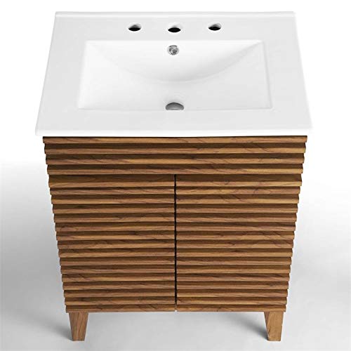 Modway Render Mid-Century Bathroom Vanity With Sink in Walnut White,24 Inch