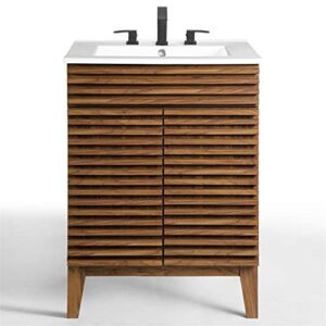 Modway Render Mid-Century Bathroom Vanity With Sink in Walnut White,24 Inch