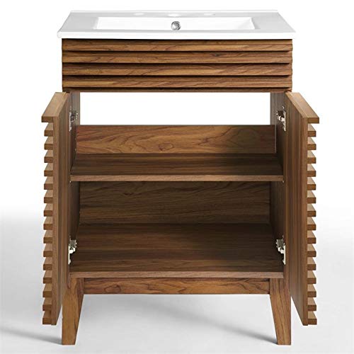 Modway Render Mid-Century Bathroom Vanity With Sink in Walnut White,24 Inch