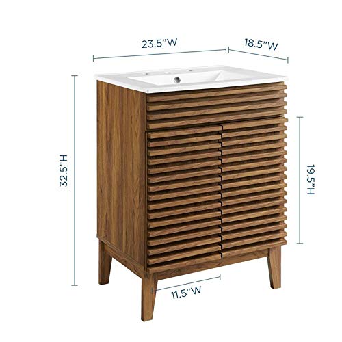 Modway Render Mid-Century Bathroom Vanity With Sink in Walnut White,24 Inch