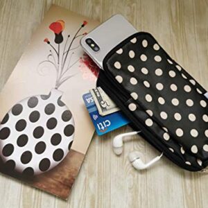 Men Women Sports Phone Pouch, Tainada Two Zippered Pouch Carry Bag for iPhone 14/13 / 12 Pro Max, Samsung Galaxy S23+ / S22+, Note 20, A54, Google Pixel 7/6, 7a / 6a (Black White Polka Dots)