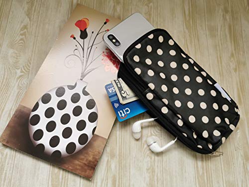 Men Women Sports Phone Pouch, Tainada Two Zippered Pouch Carry Bag for iPhone 14/13 / 12 Pro Max, Samsung Galaxy S23+ / S22+, Note 20, A54, Google Pixel 7/6, 7a / 6a (Black White Polka Dots)