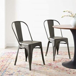 Modway Promenade Industrial Modern Steel Metal Bistro Dining Chairs in Gunmetal-Set of 2