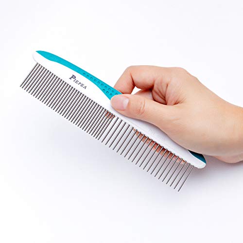 Piepea Pet Comb, Stainless Steel Teeth Comb for Dogs & Cats, Pet Hair Comb for Home Grooming Kit, Removes Knots, Mats and Tangles, 7 1/4"