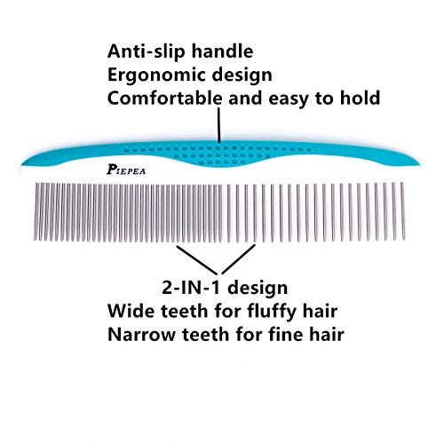 Piepea Pet Comb, Stainless Steel Teeth Comb for Dogs & Cats, Pet Hair Comb for Home Grooming Kit, Removes Knots, Mats and Tangles, 7 1/4"